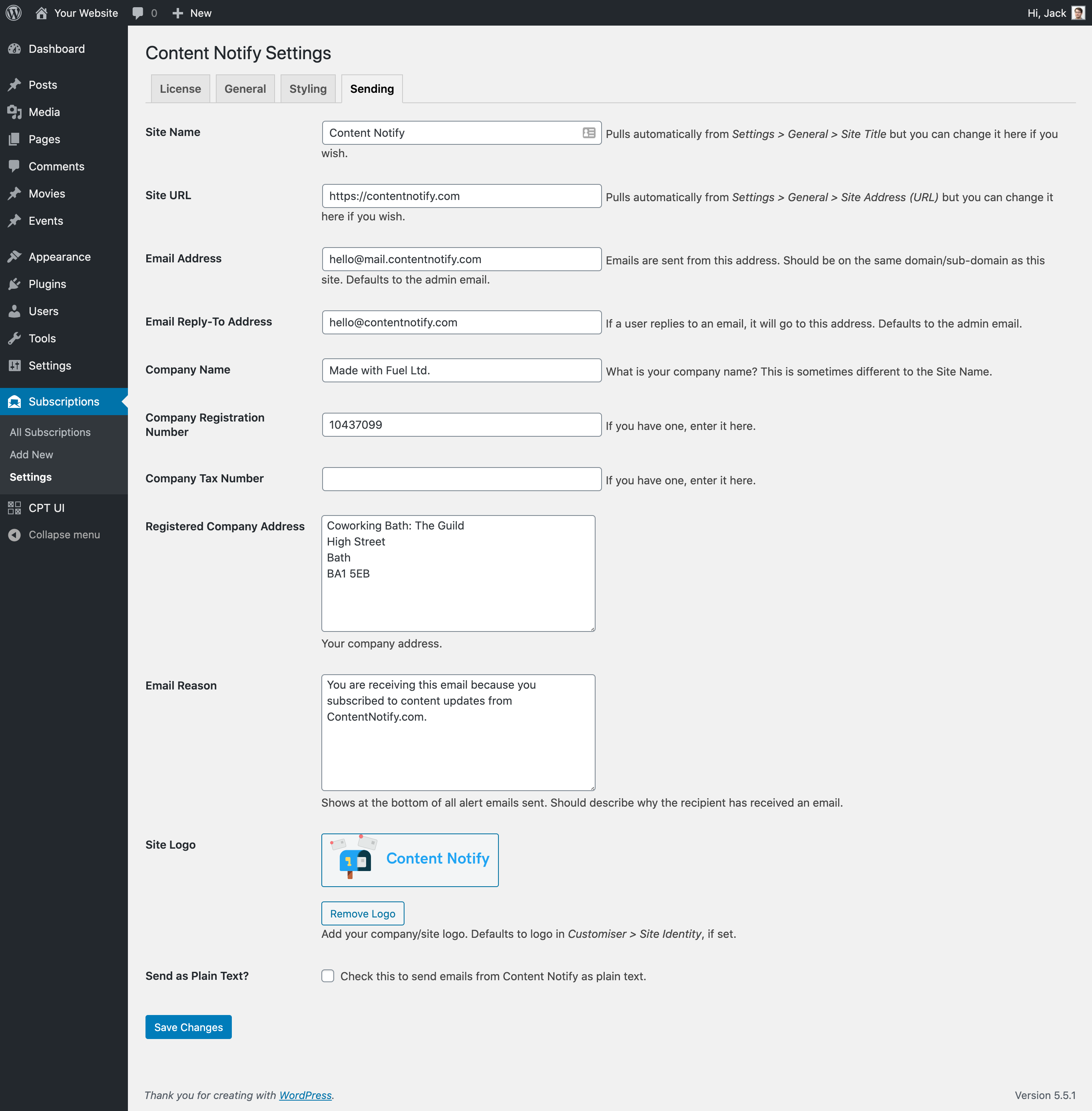 Settings - Content Notify